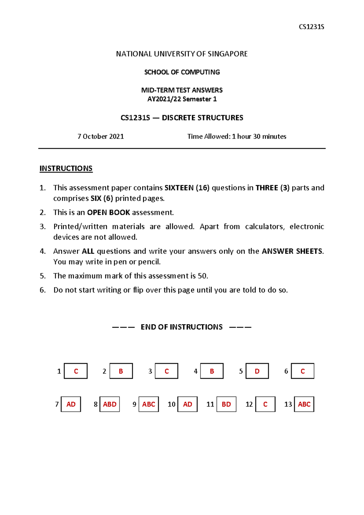 CS1231S Midterm Test Answers - Discrete Structures 2021 - Studocu