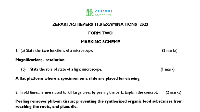 Biology Form 2 - 2023 Exam Marking Scheme and Answers - Studocu