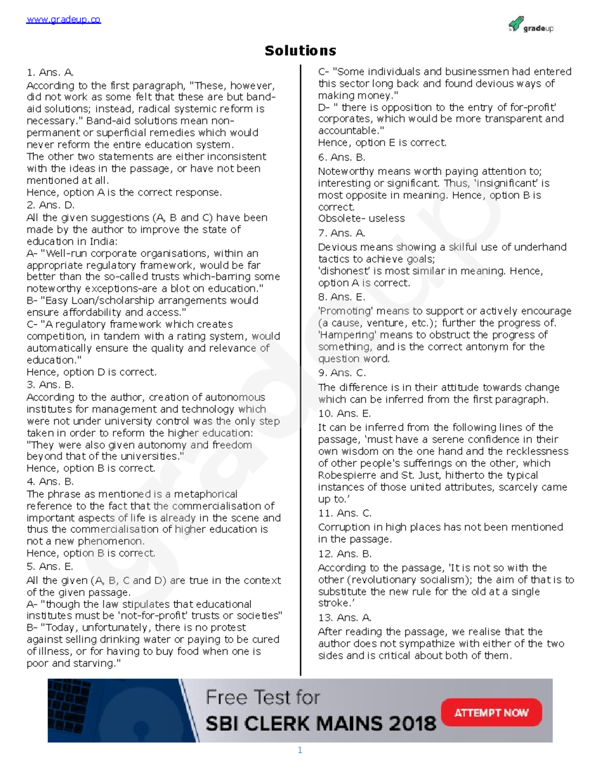 SBI Clerk Mains Question Paper 2016 with Answers - Studocu