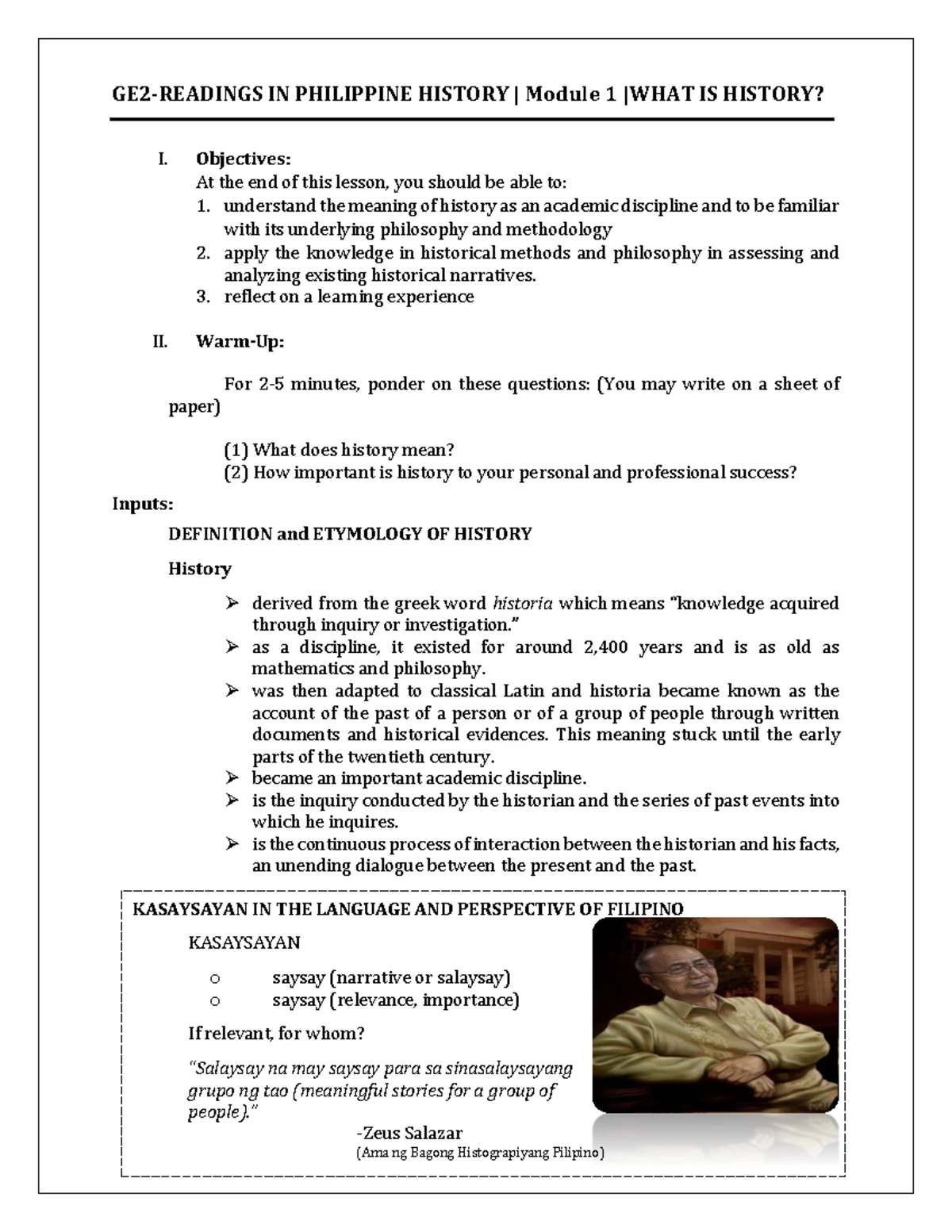 Module 1- Introduction to history - Subject: READINGS IN THE PHILIPPINE ...