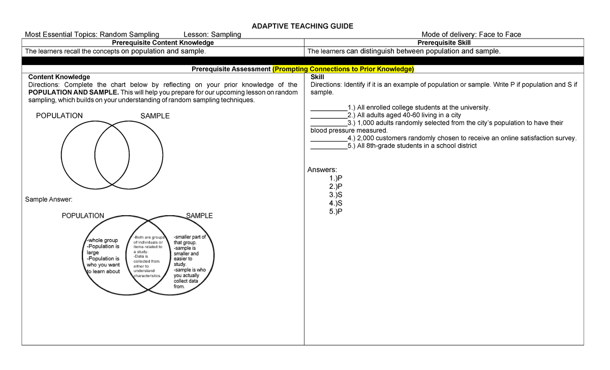 ADAPTIVE TEACHING GUIDE: Random Sampling Lesson (EDU 101) - Studocu