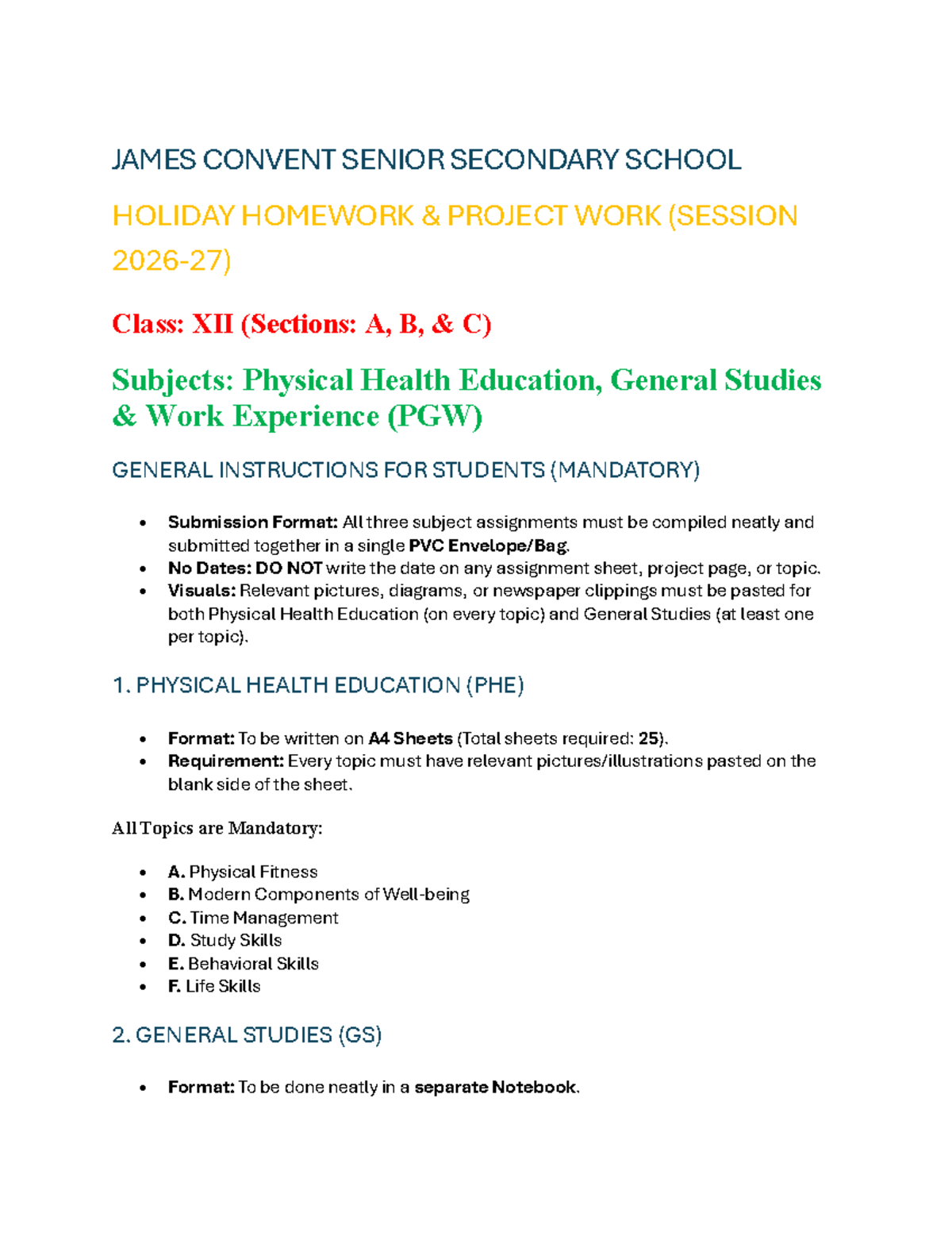 Class XII Holiday Homework Project Work (PHE & GS) - Studocu
