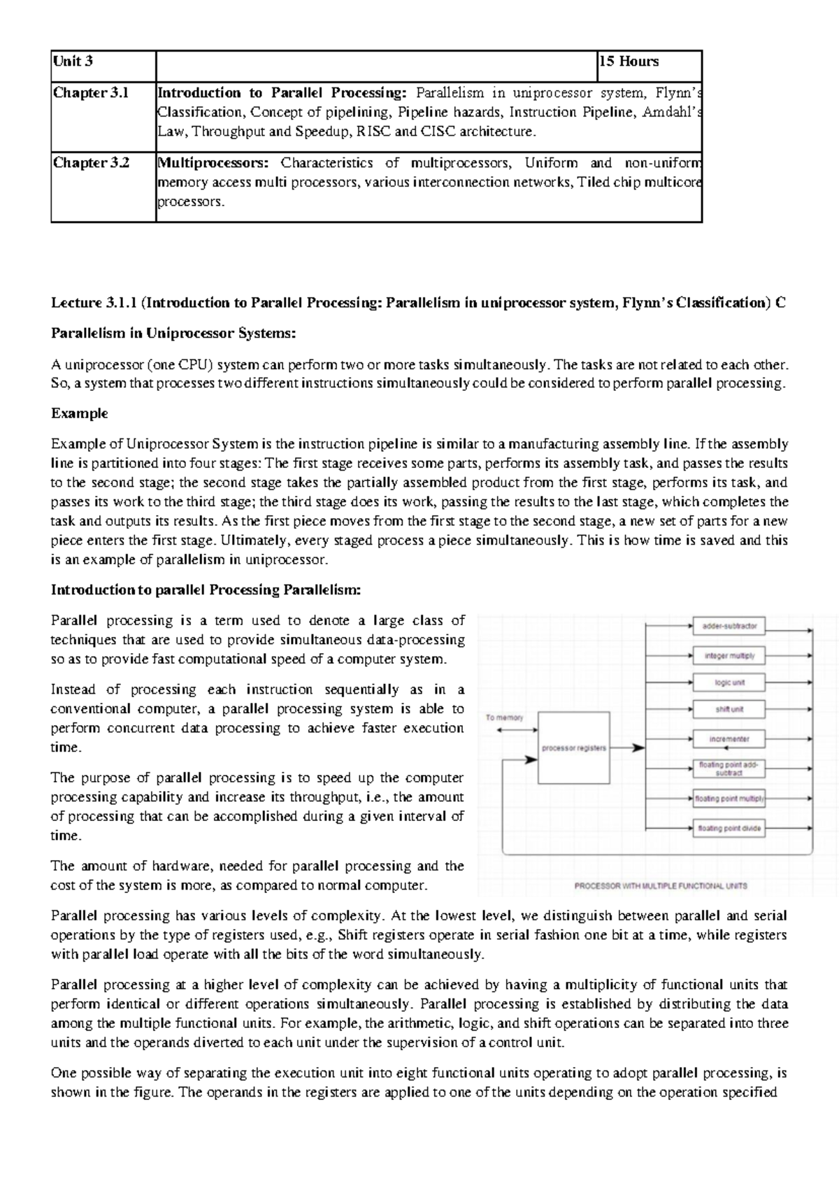COA Unit 3 Notes: Parallel Processing, Pipelining, and Architecture ...