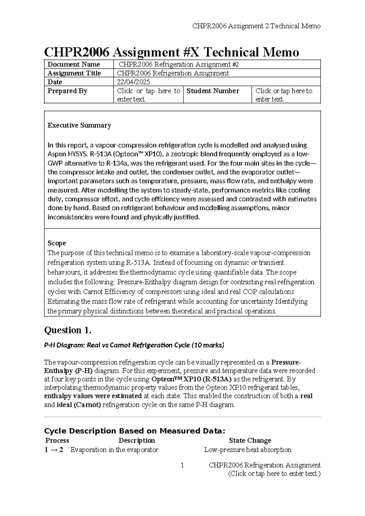 CHPR2006 Assignment 2 Technical Memo: Refrigeration Cycle Analysis ...