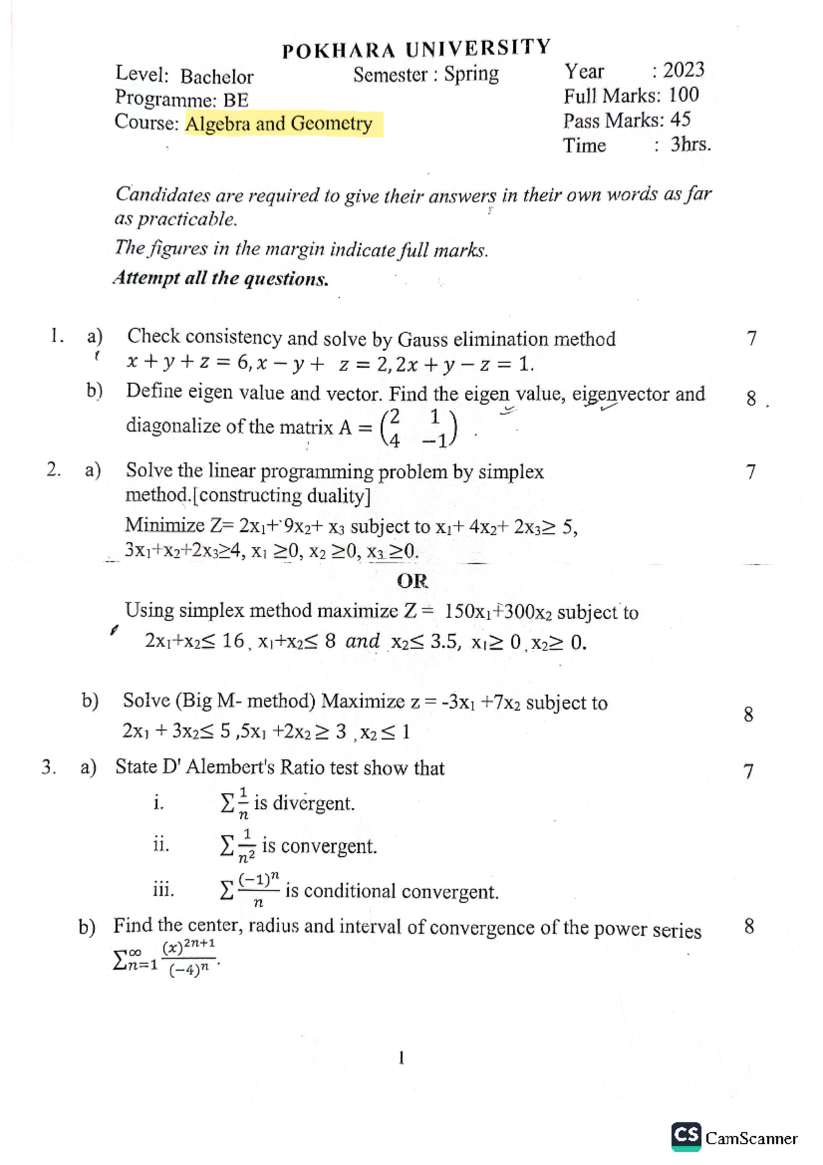 Algebra and Geometry Old Exam Paper - BE 2nd Semester Spring 2023 - Studocu