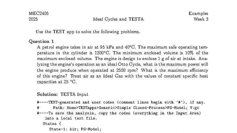 MEC2405 2025 Ideal Cycles and TESTA Examples Solutions Week 3 - Studocu