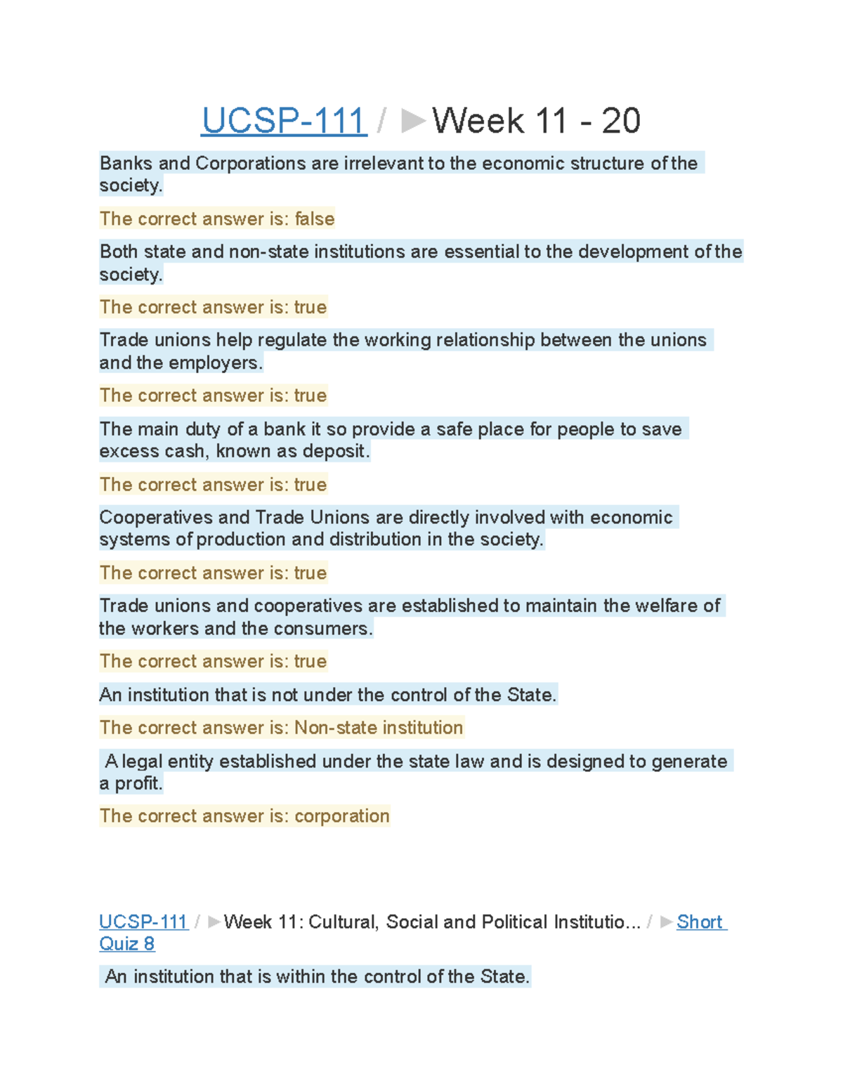 UCSP-111 / Cultural, Social and Political Institutions: Week 11-20 ...