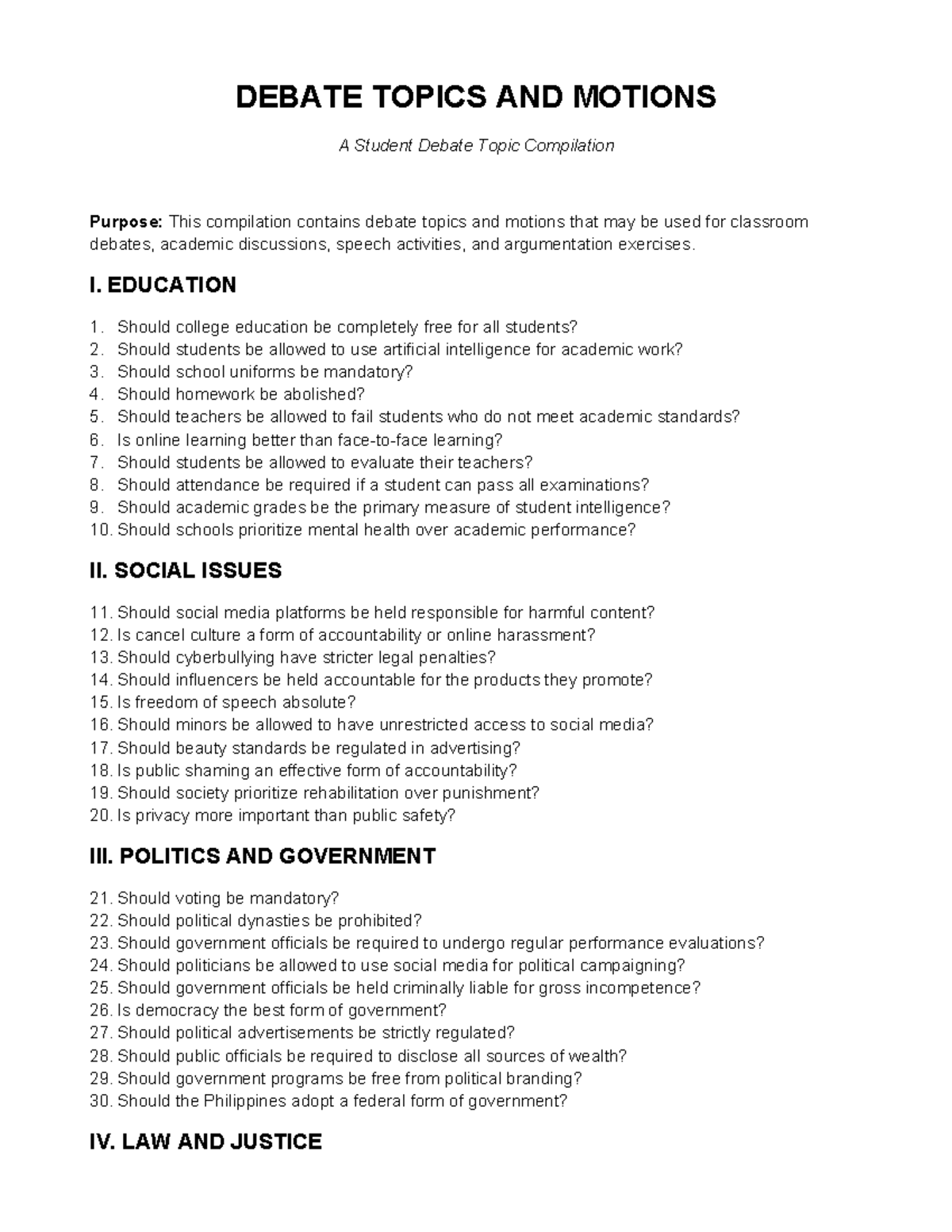 DEBATE TOPICS AND MOTIONS: A Comprehensive Student Guide - Studocu