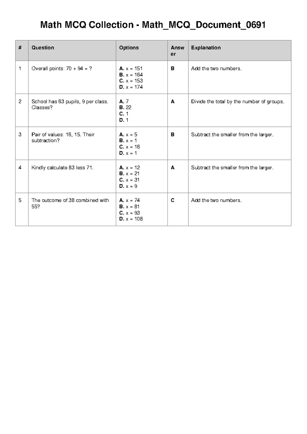 Math MCQ Collection - Document 0691 for Final Exam Preparation - Studocu