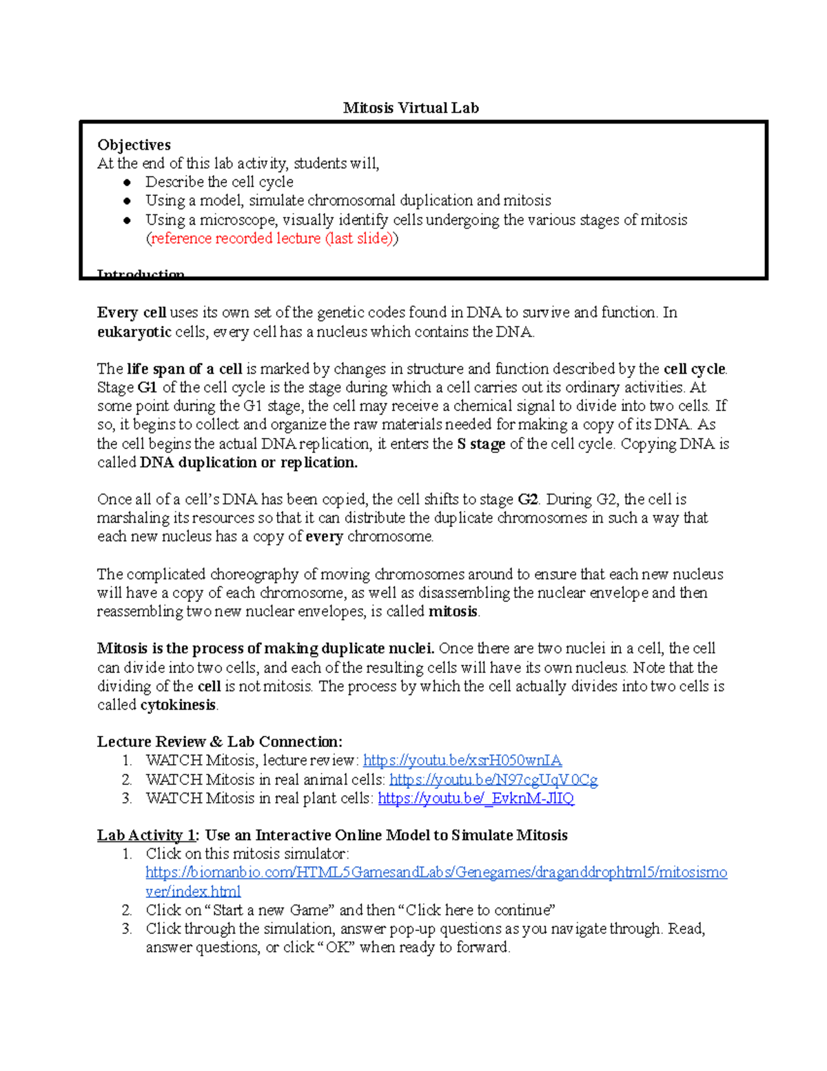 Mitosis Virtual Lab (BIO 101) - Exploring Cell Division Stages - Studocu