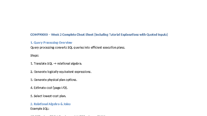 COMP90050 Week 2 Complete Cheat Sheet with Tutorial Insights - Studocu