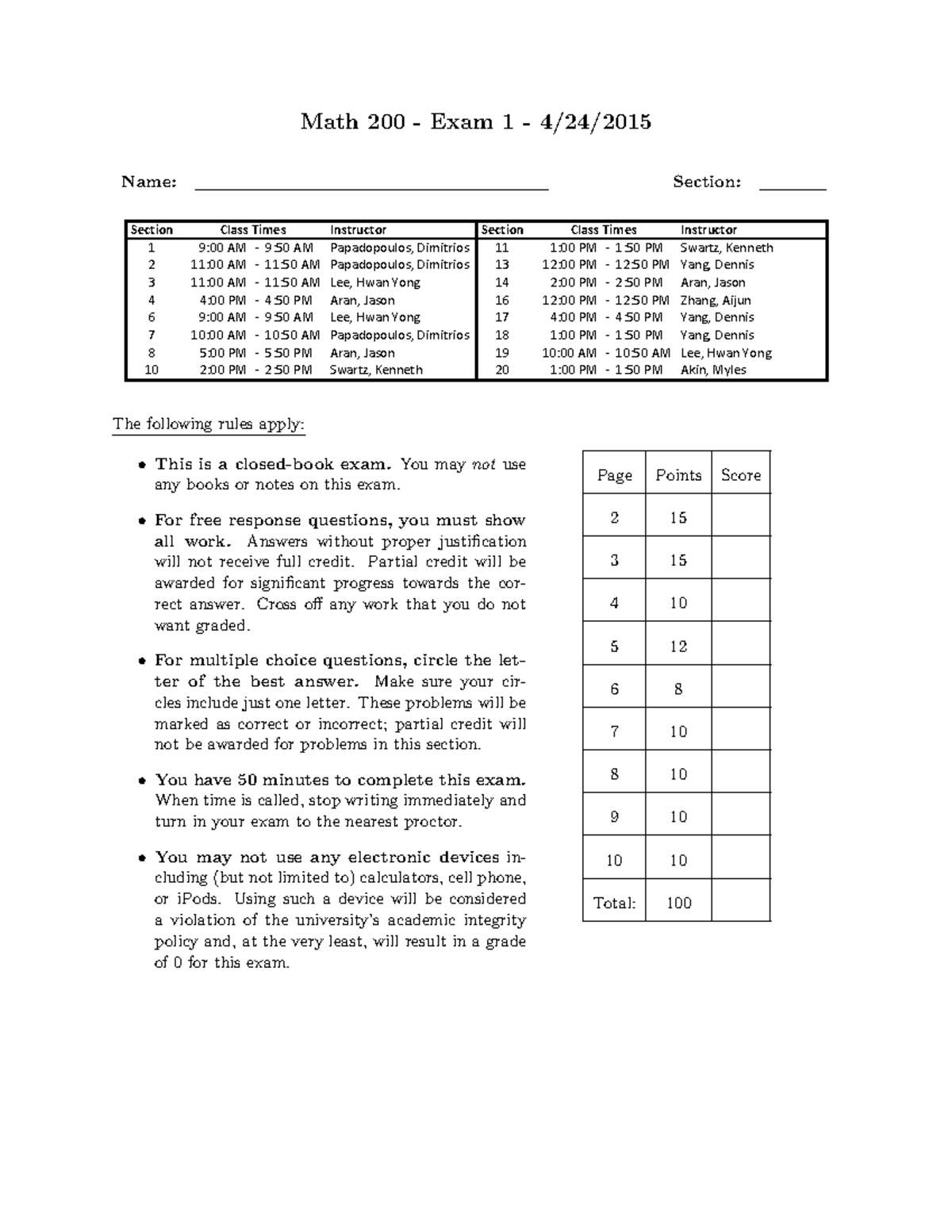 Math 200 Exam 1 Practice Questions and Guidelines - Studocu