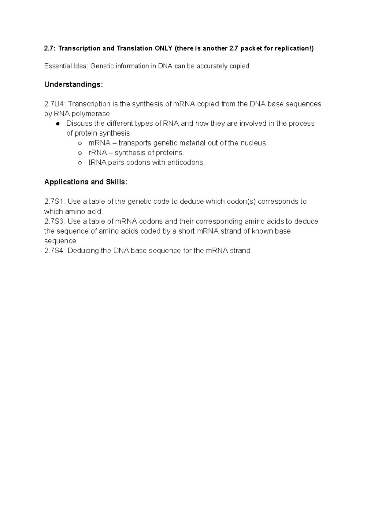 Transcription IB Bio - 2: Transcription and Translation ONLY (there is ...