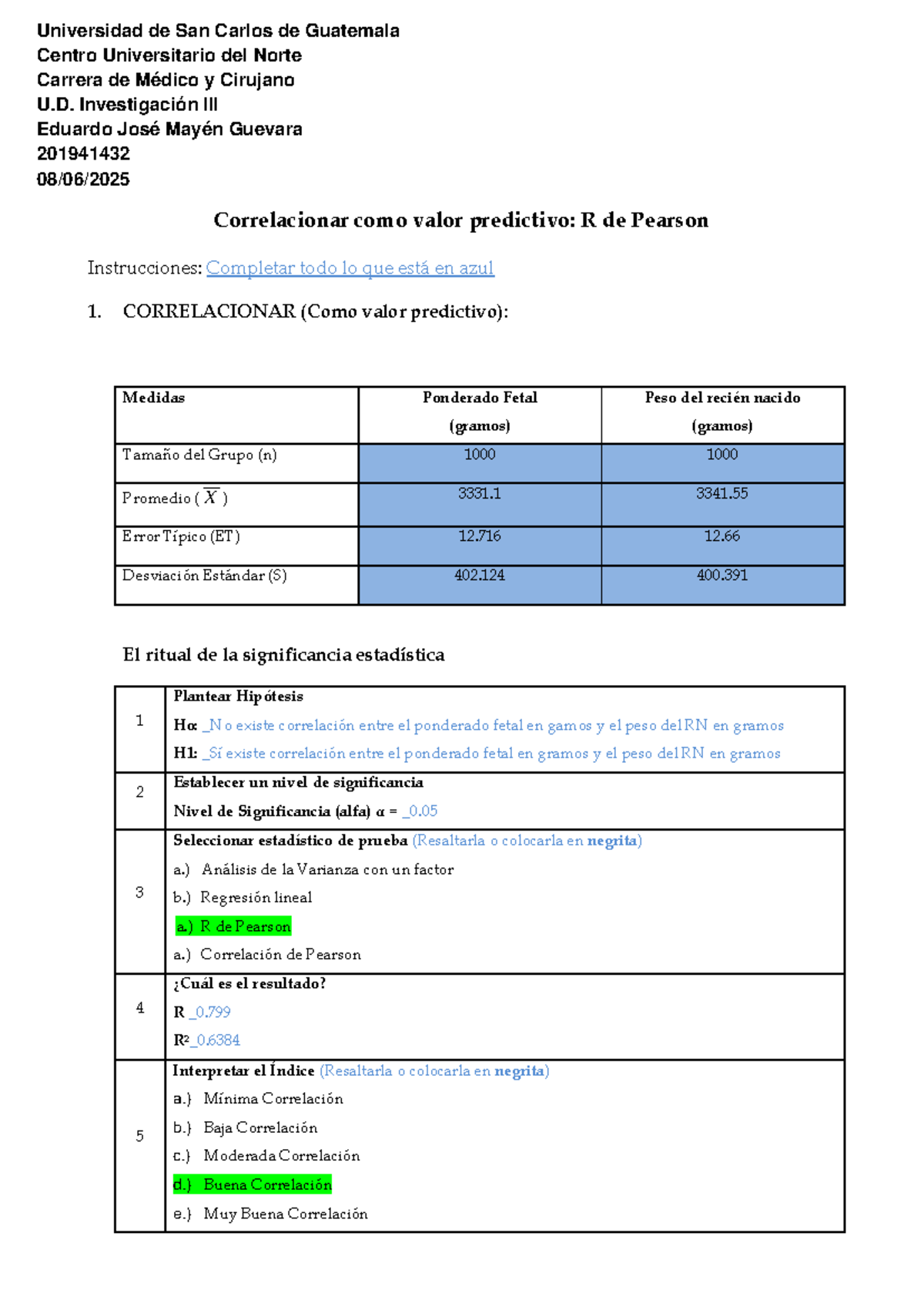Hoja de Trabajo: Correlación R de Pearson - Médico y Cirujano 201941432 ...