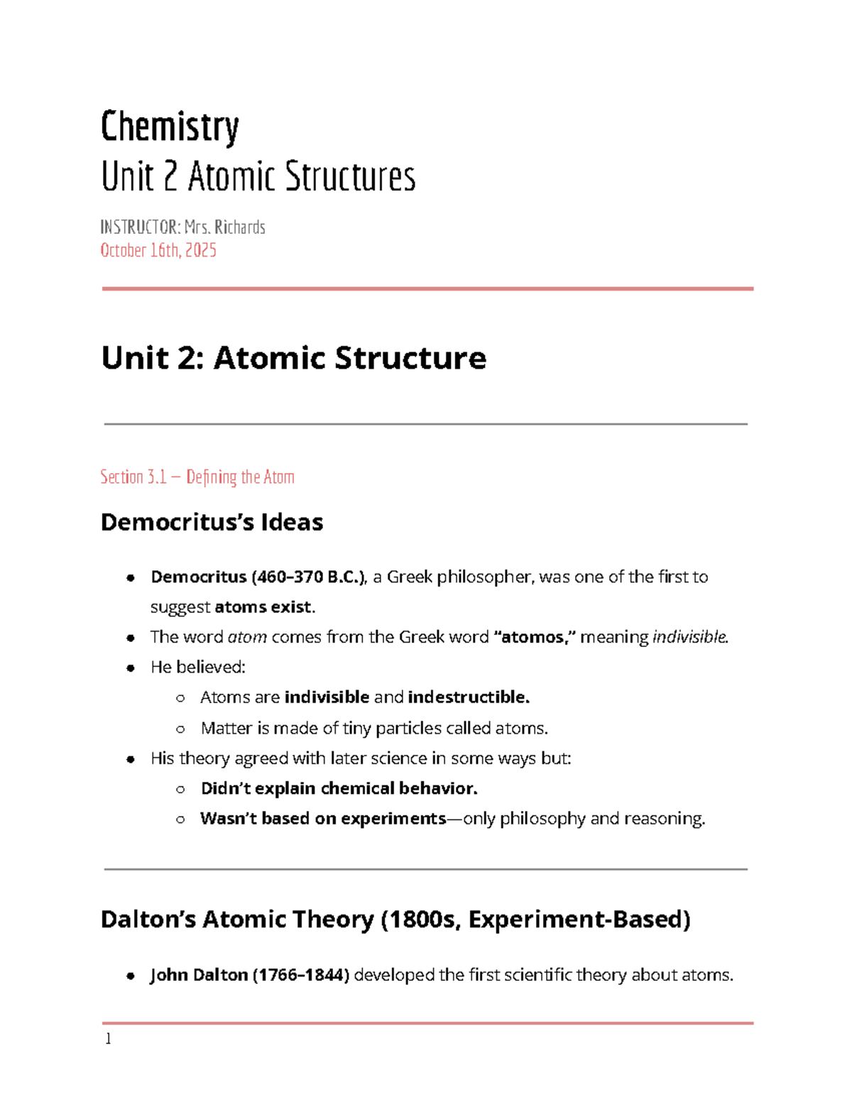 Chemistry Unit 2: Atomic Structures Notes (Instructor: Mrs. Richards ...