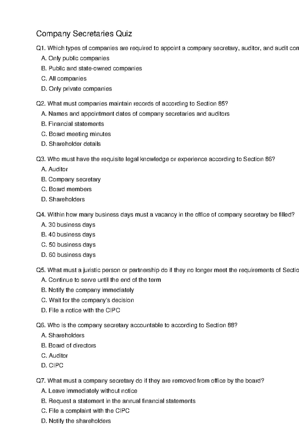 Company Secretaries Quiz - Key Questions and Answers - Studocu