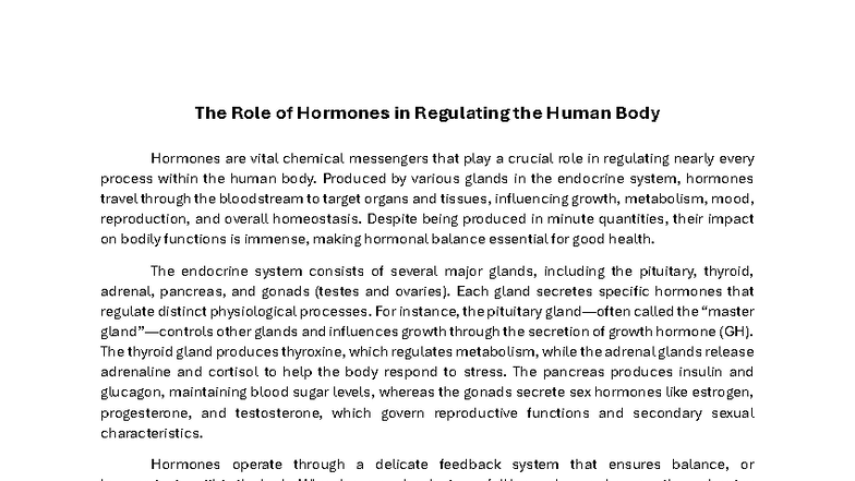 Hormonal Regulation in the Human Body: Key Functions and Impacts - Studocu