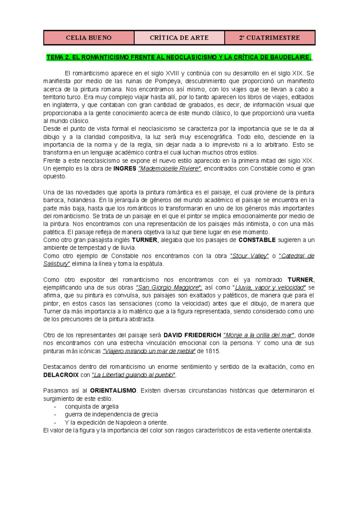 TEMA 2: EL ROMANTICISMO Y LA CRÍTICA DE BAUDELAIRE - CELIA BUENO - Studocu