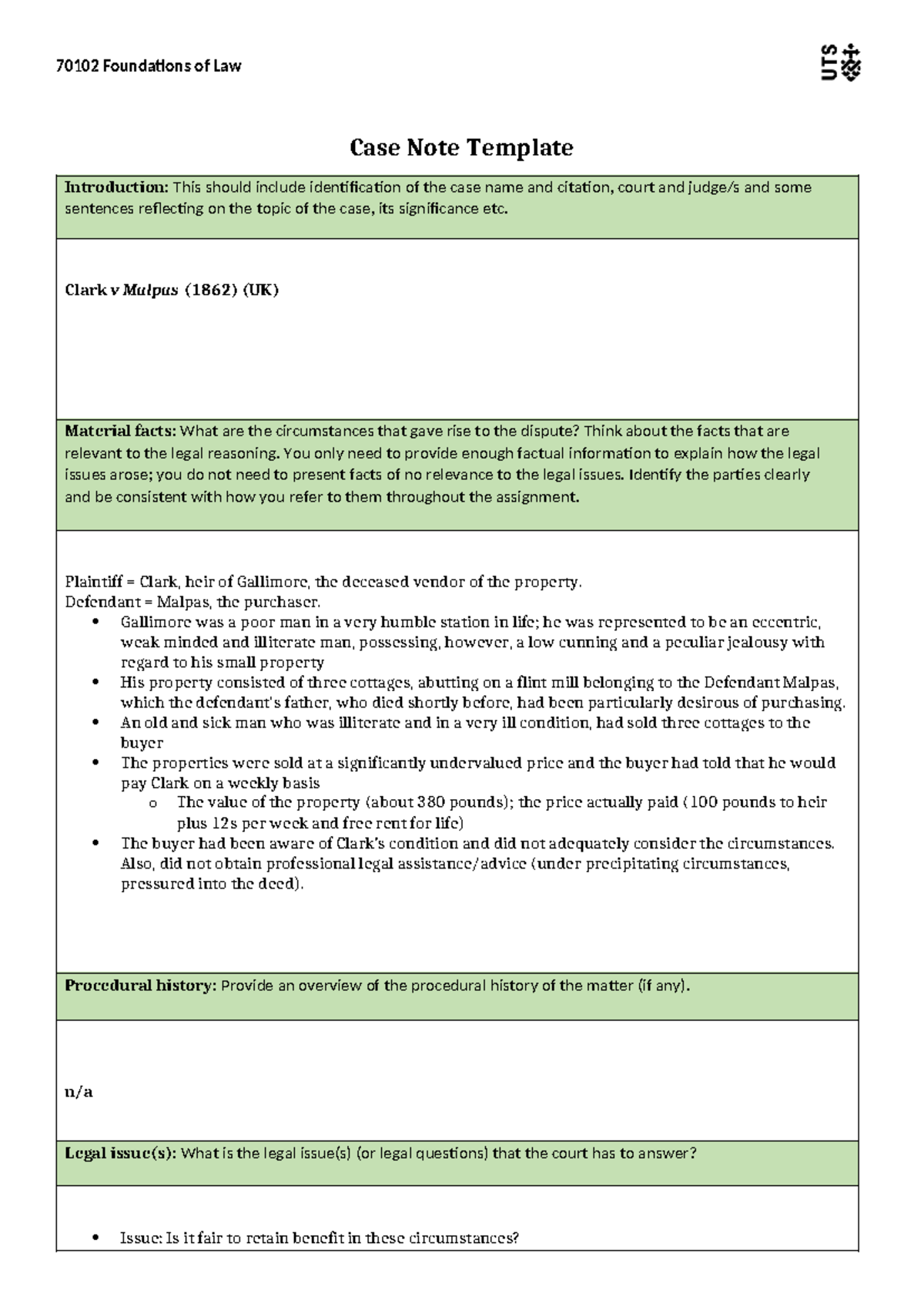 70102 Foundations of Law Case Note: Clark v Malpas Analysis - Studocu