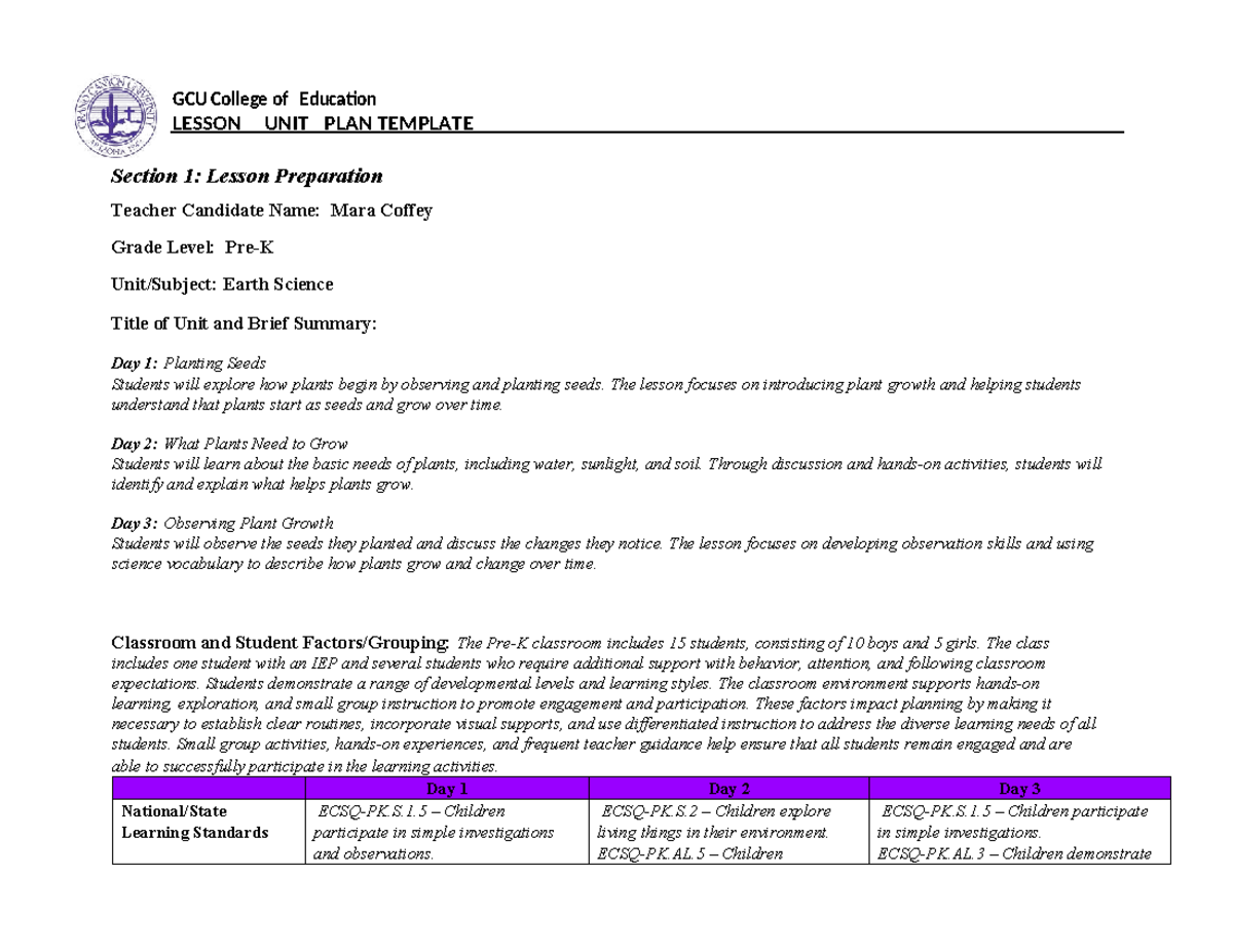 GCU College of Education Earth Science 3-Day Lesson Unit Plan on Plant ...