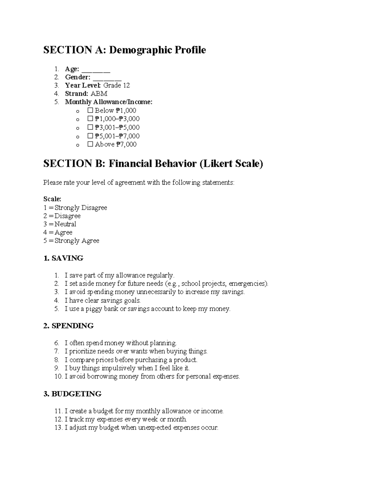 ABM 12 Financial Behavior Questionnaire Template - Studocu