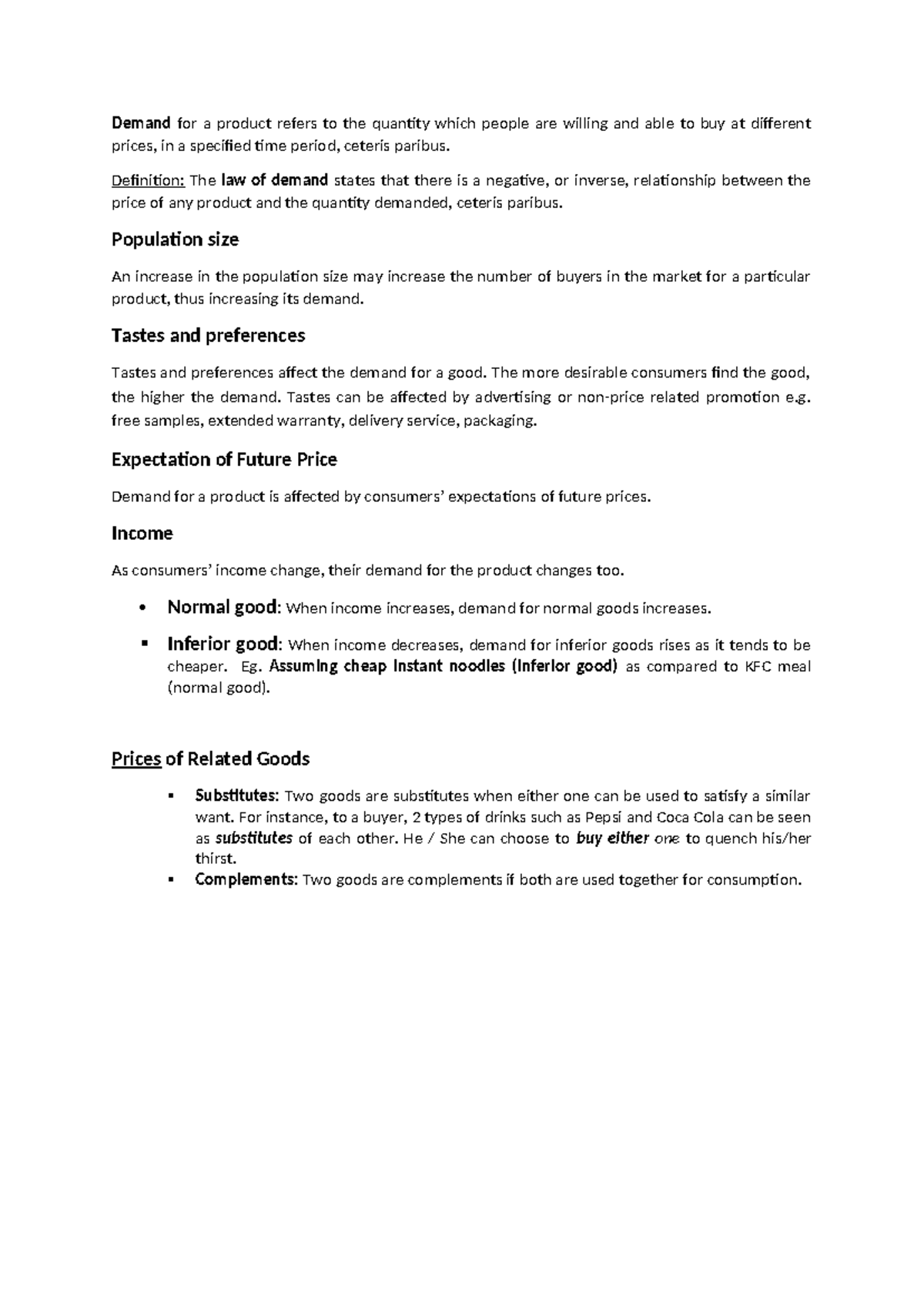 Business Econs Notes: Understanding Demand Factors and Influences - Studocu