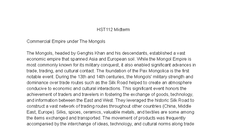 HST112 Midterm: The Mongol Empire's Economic and Cultural Impact - Studocu