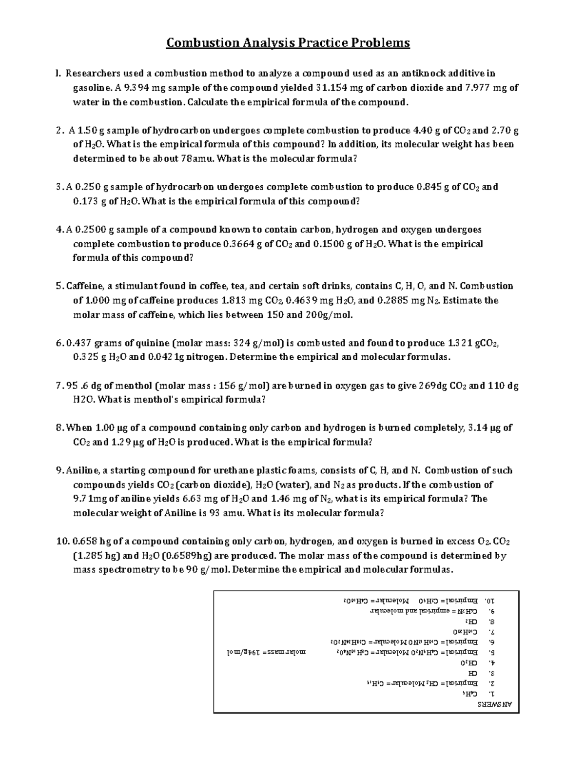 Combustion Analysis Practice Problems Worksheet for Chemistry Study ...