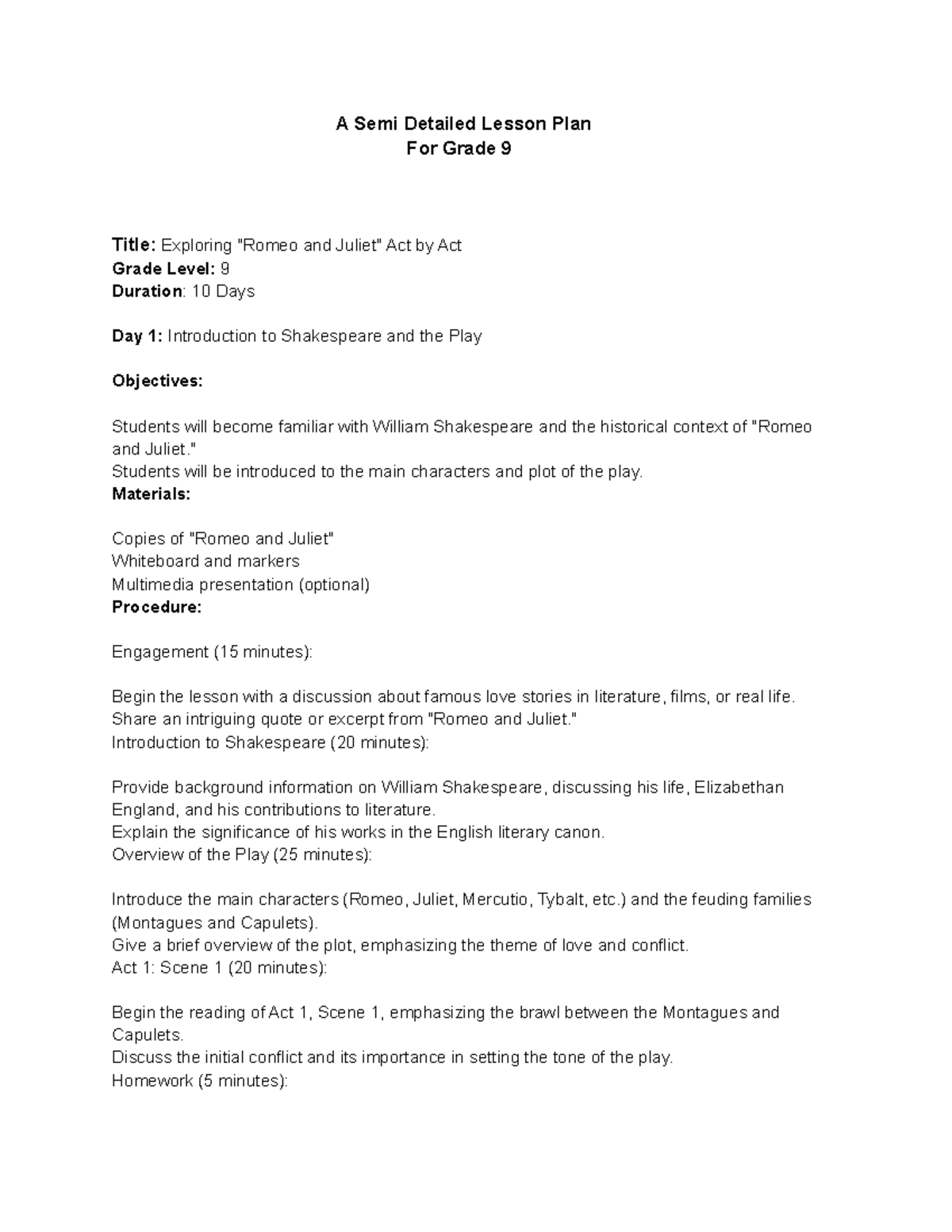 Romeo and Juliet LP - Exploring the Play Act by Act for Grade 9 - Studocu