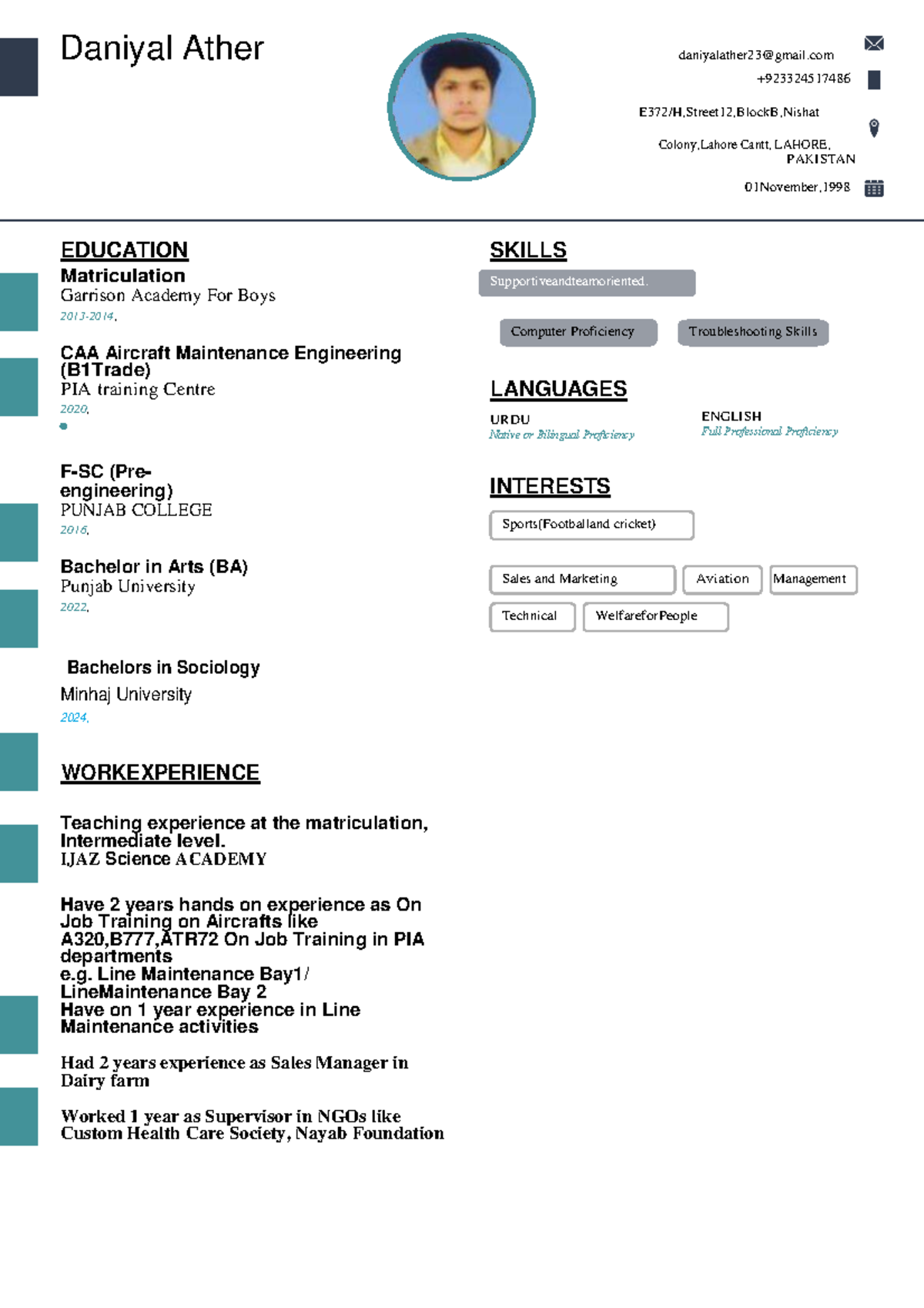 CV of Daniyal Ather - Education & Work Experience Overview - Studocu