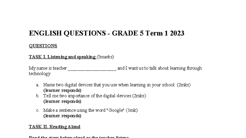 ENGLISH QUESTIONS GRADE 5 Term 1 2023 - Listening, Reading & Grammar ...