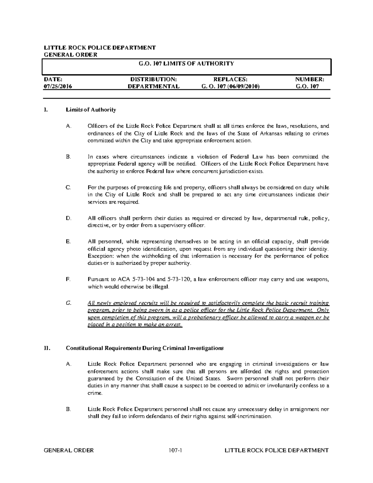 G.O. 107 Limits of Authority - Little Rock Police Department Guidelines ...