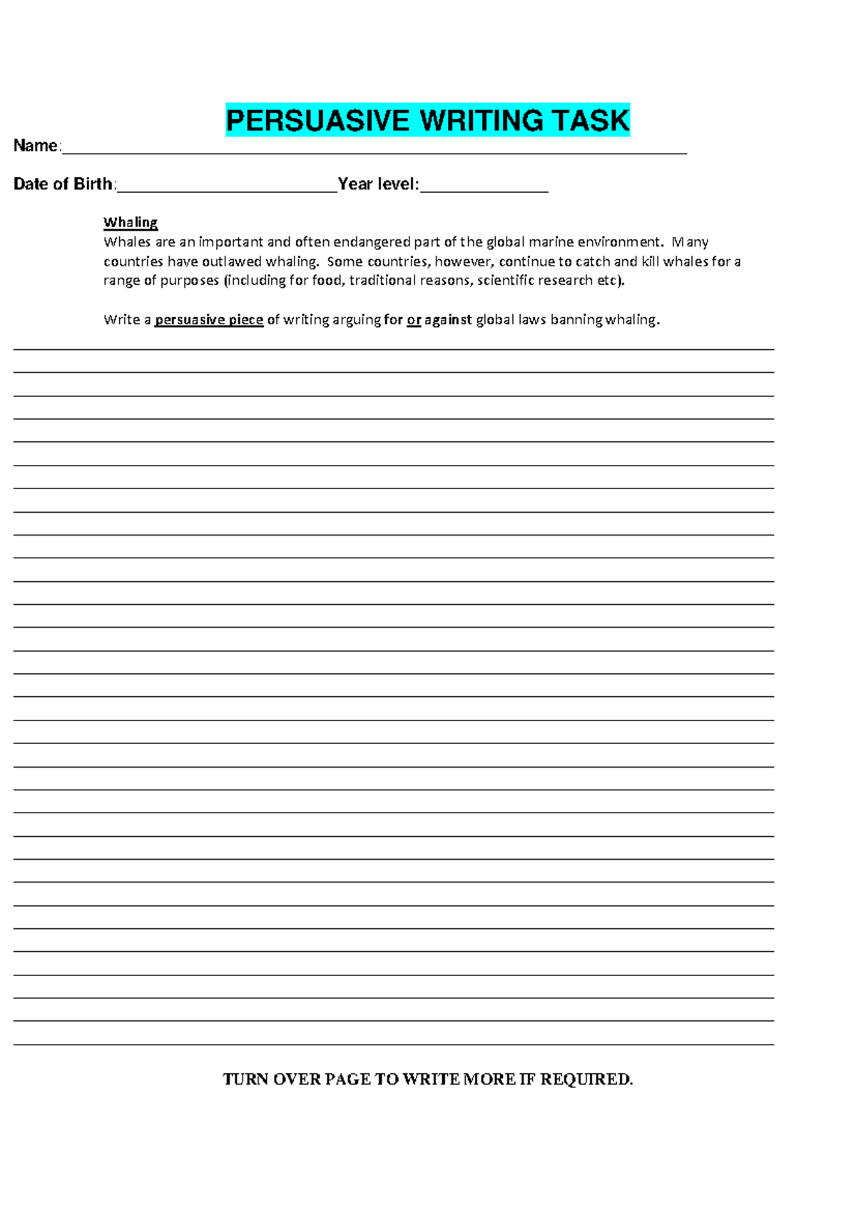 Persuasive writing - PERSUASIVE WRITING TASK - Studocu