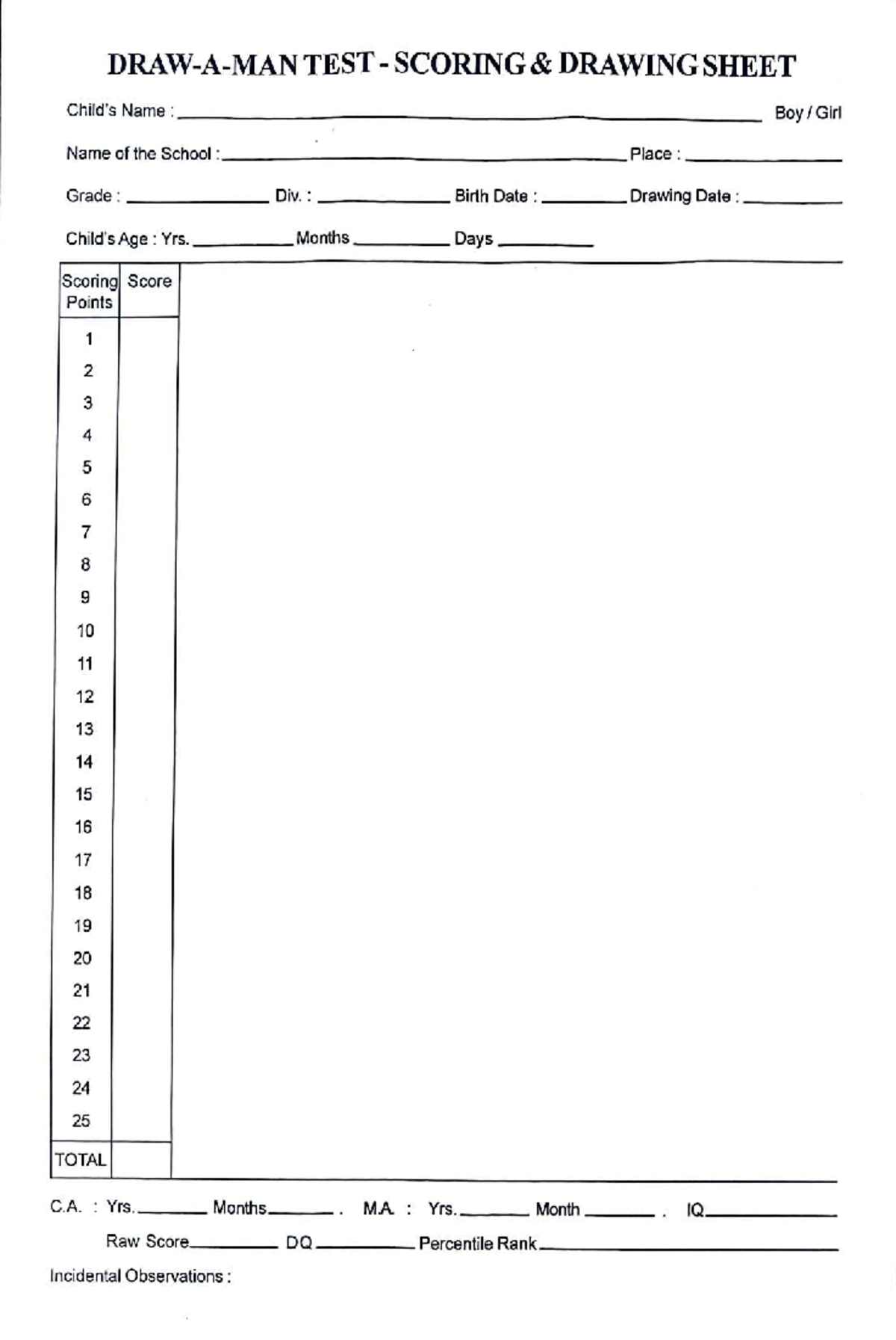 Draw-a-man test response sheet - Child's Name: Name of the School ...