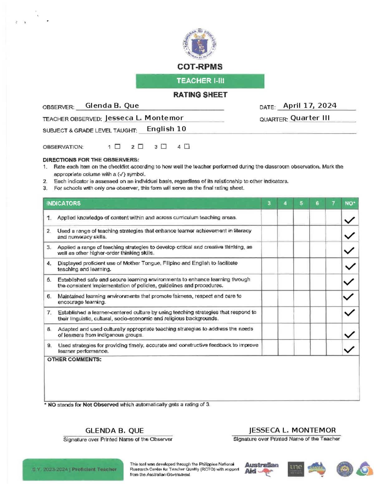 COT RPMS SY 2023-2024 - COT FORM - COT for RPMS - Glenda B. Que April ...