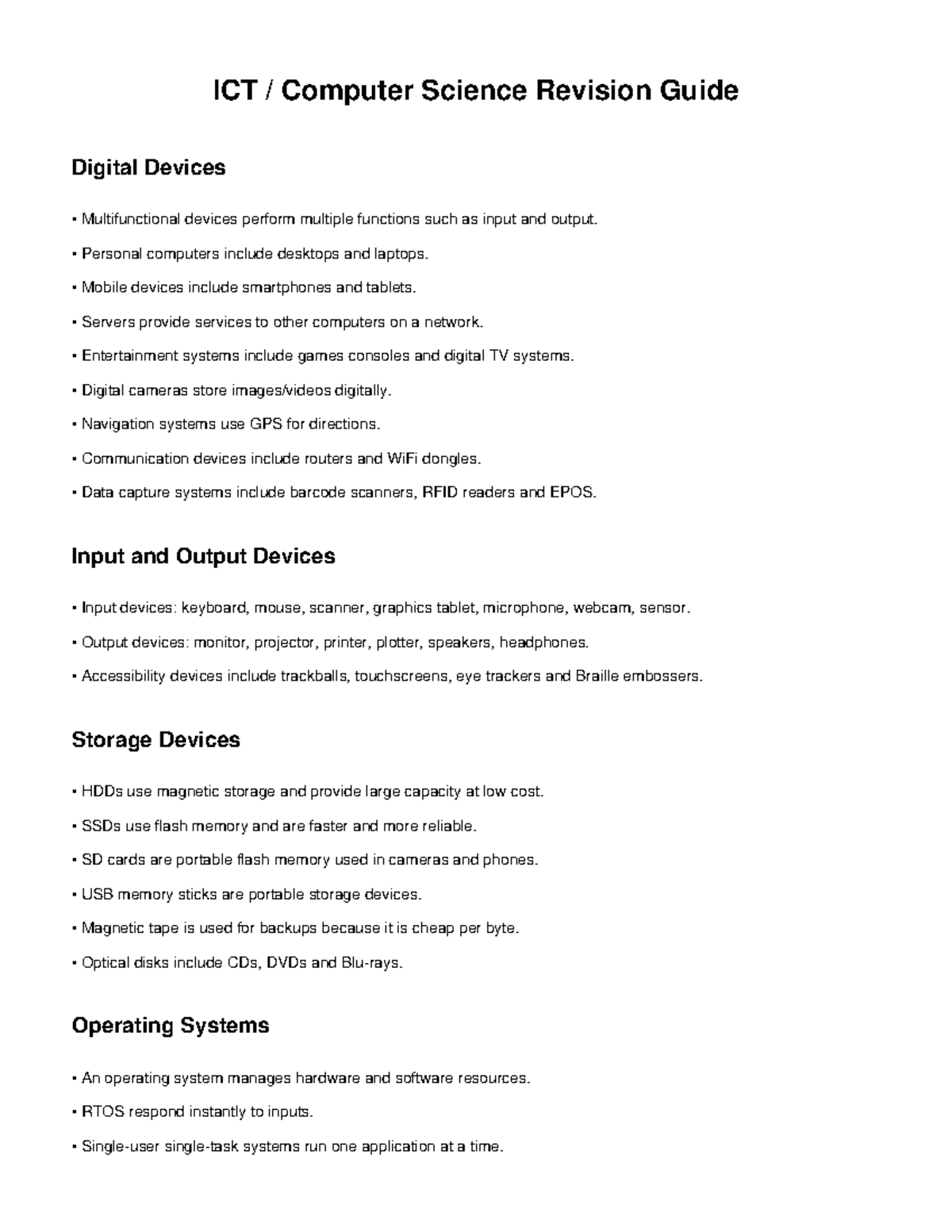 ICT Revision Guide: Digital Devices and Their Functions - Studocu