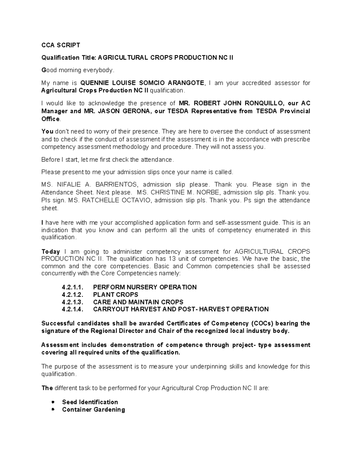 Agricultural Crops Production NC II Assessment Script: Final Instructions - Studocu