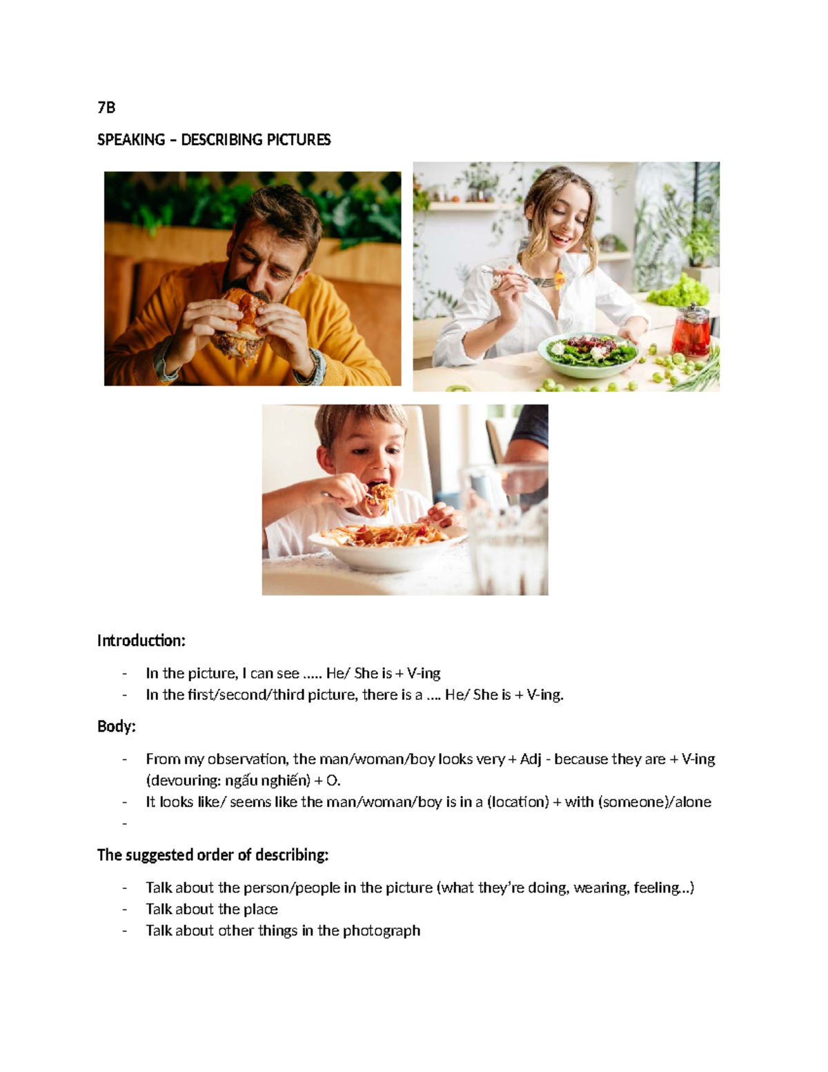 7B Describing Pictures - 7B SPEAKING – DESCRIBING PICTURES Introduction ...