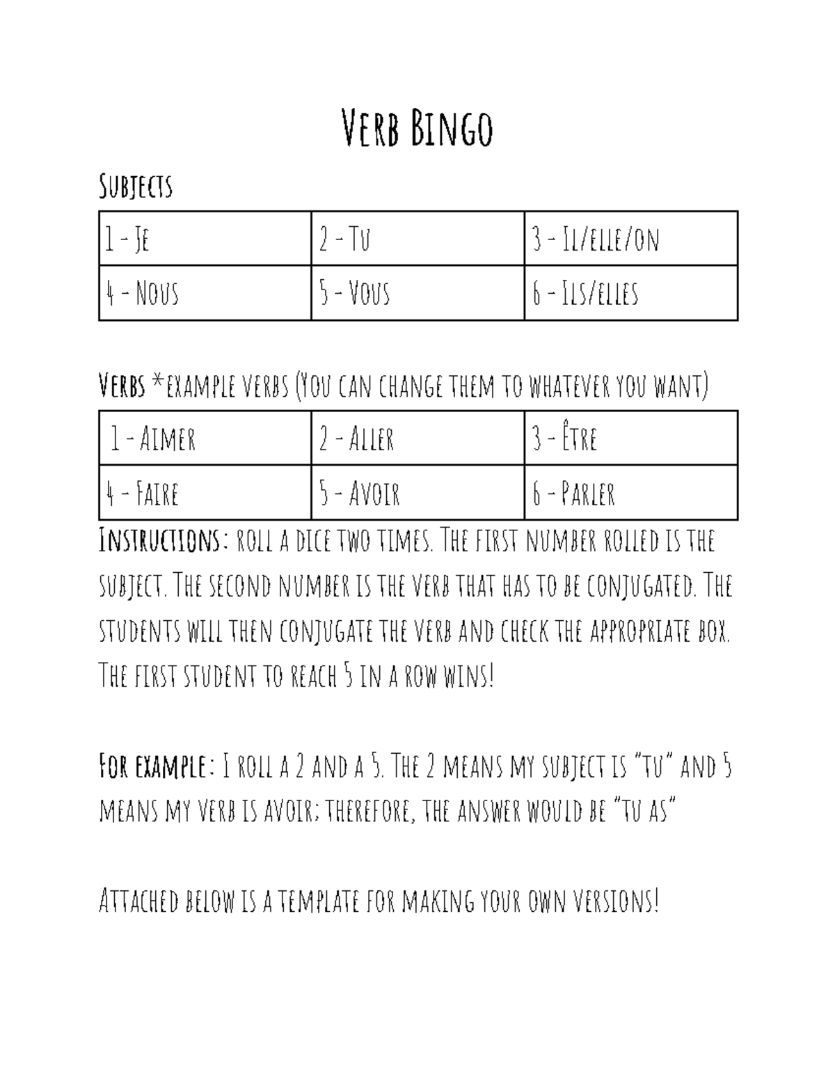 Verbe Bingo Game Template for Conjugation Practice - Studocu