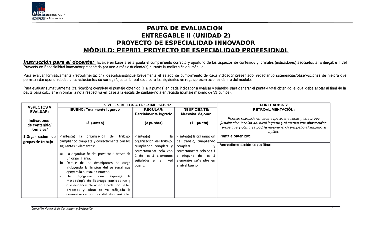 Pauta de Evaluación del Entregable II (Unidad 2) - PEP801 - Studocu