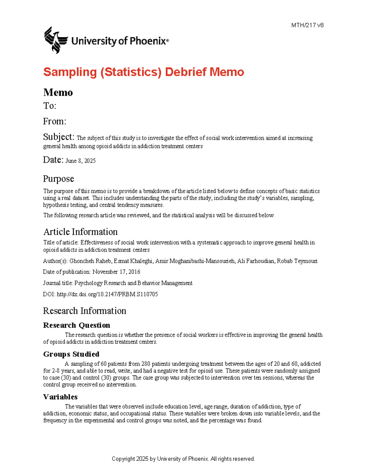 Wk 2 Summative Assessment: Sampling (Statistics) Debrief Memo - Studocu