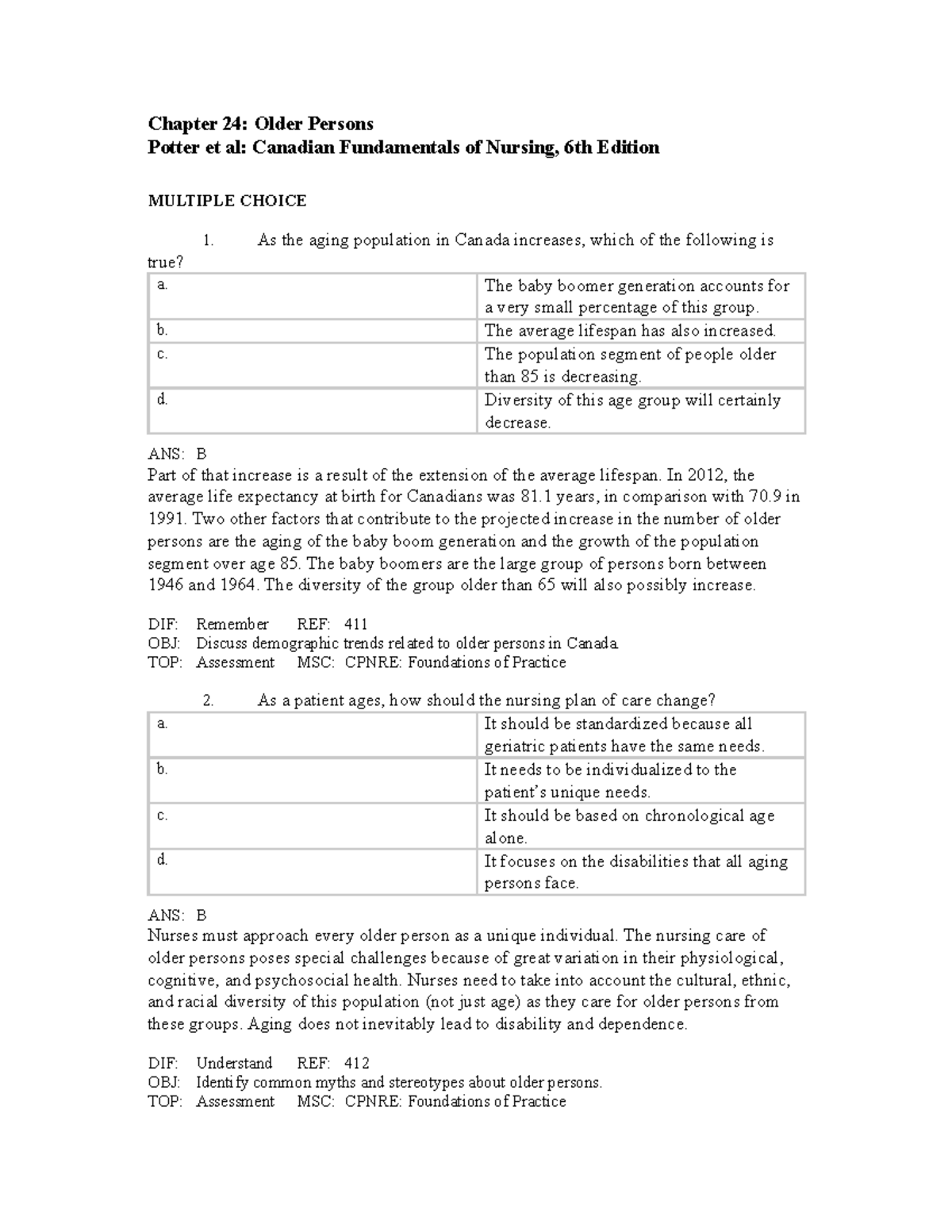 Chapter 24: Study Guide on Aging and Older Persons - Potter et al. - Studocu