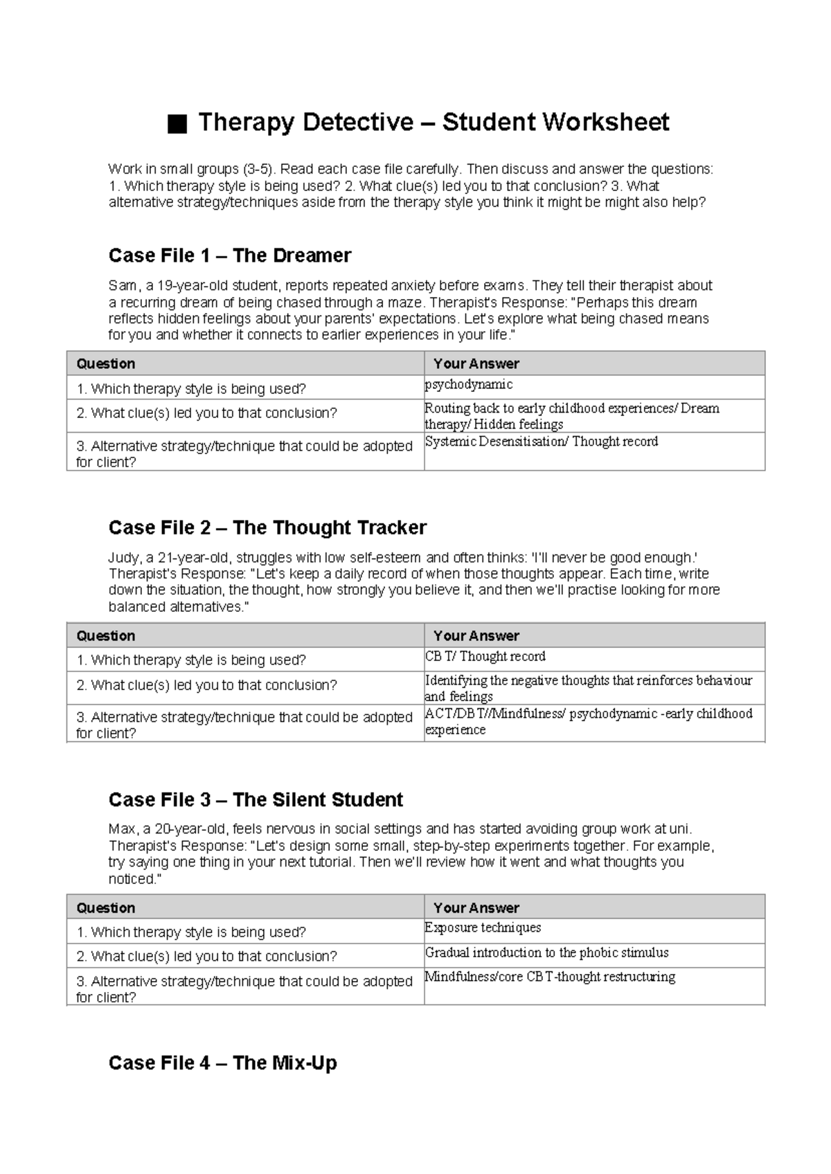 Therapy Detective: Week 12 Tutorial Activity Worksheet - Studocu