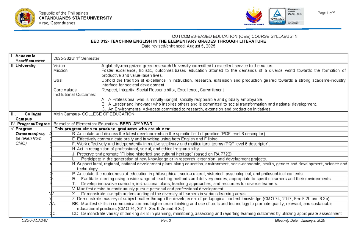 Syllabus for EDUC 312: Teaching English through Literature (BEED 3A ...