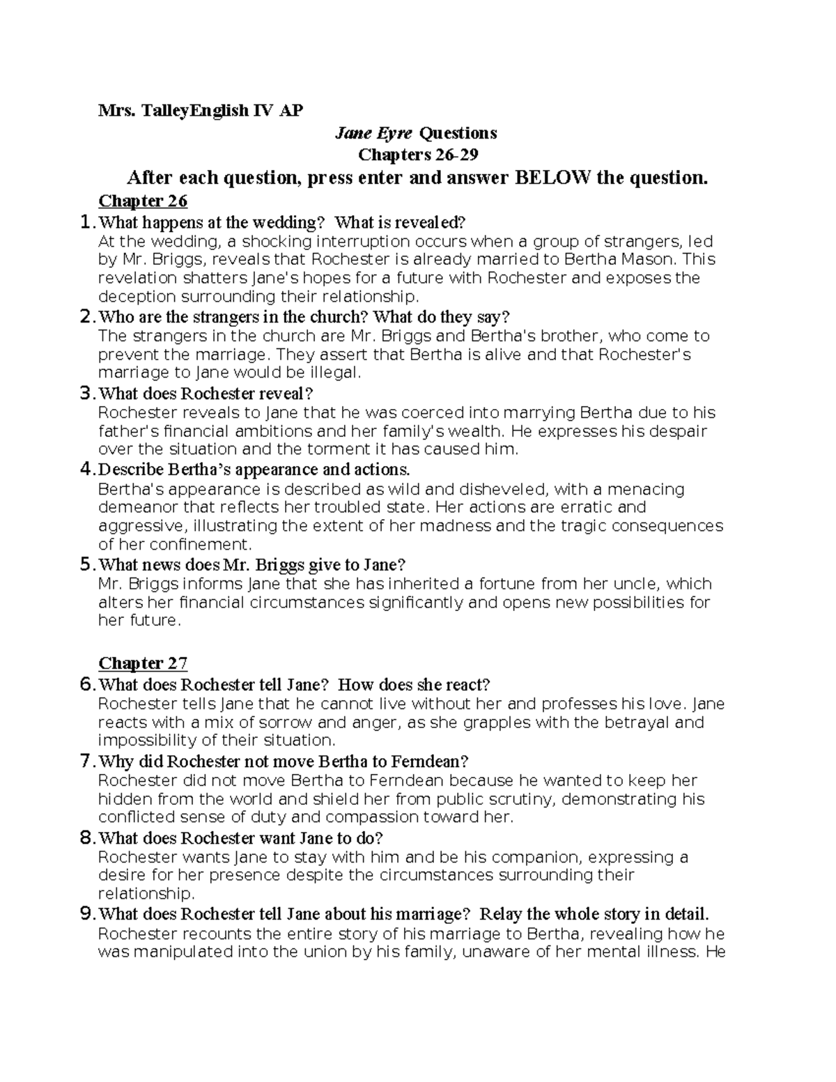 Jane Eyre Ch 26-29 - AP English IV Q&A Analysis and Insights - Studocu