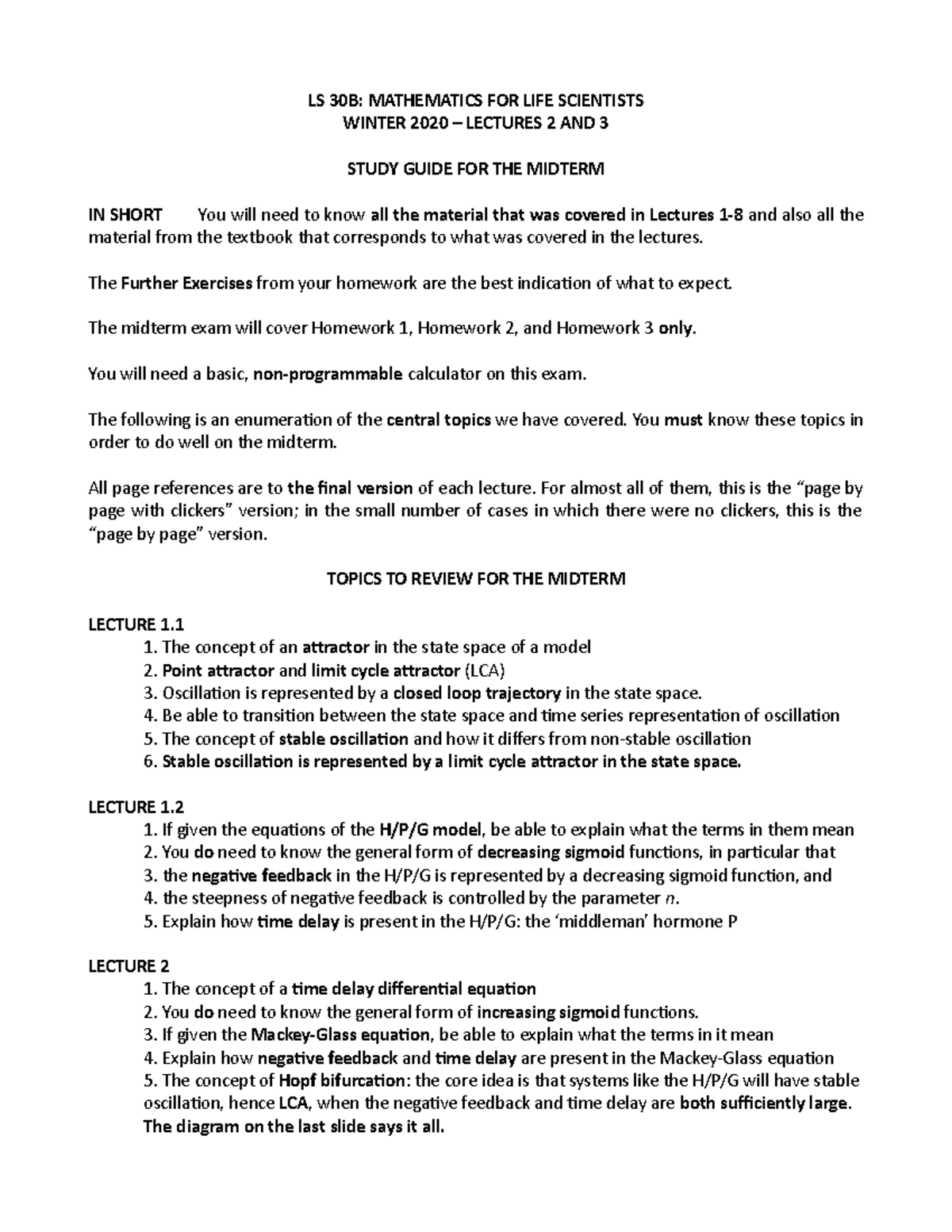 LS 30B W20 Midterm Study Guide - LS 30B: MATHEMATICS FOR LIFE ...