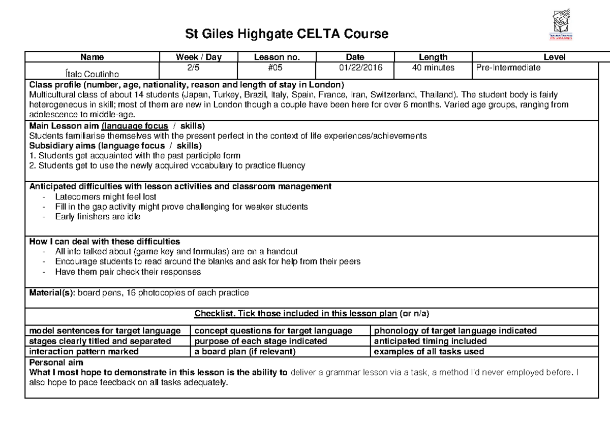 298925690 Celta Lesson Plan on Present Perfect - St Giles Highgate ...