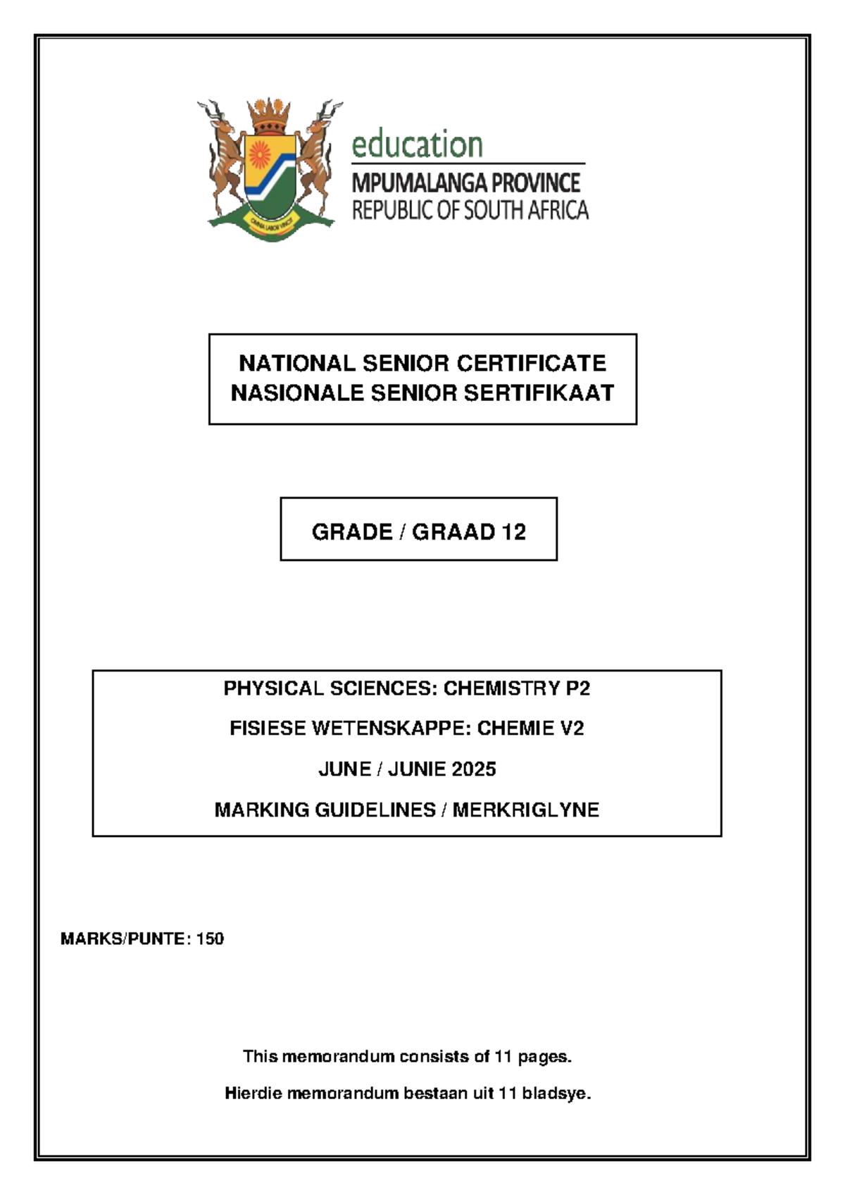 Physical Sciences P2 Pre-Trial 2025 Marking Guidelines - Studocu