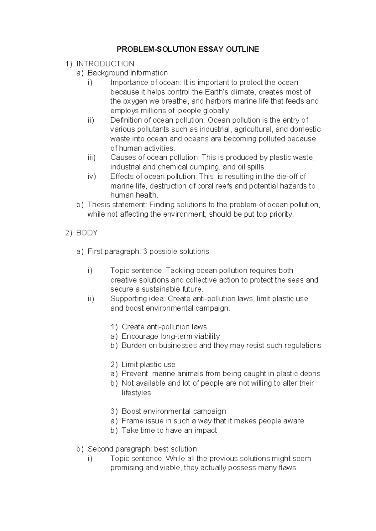 Essay Outline: Solutions to Ocean Pollution (ENG 101) - Studocu