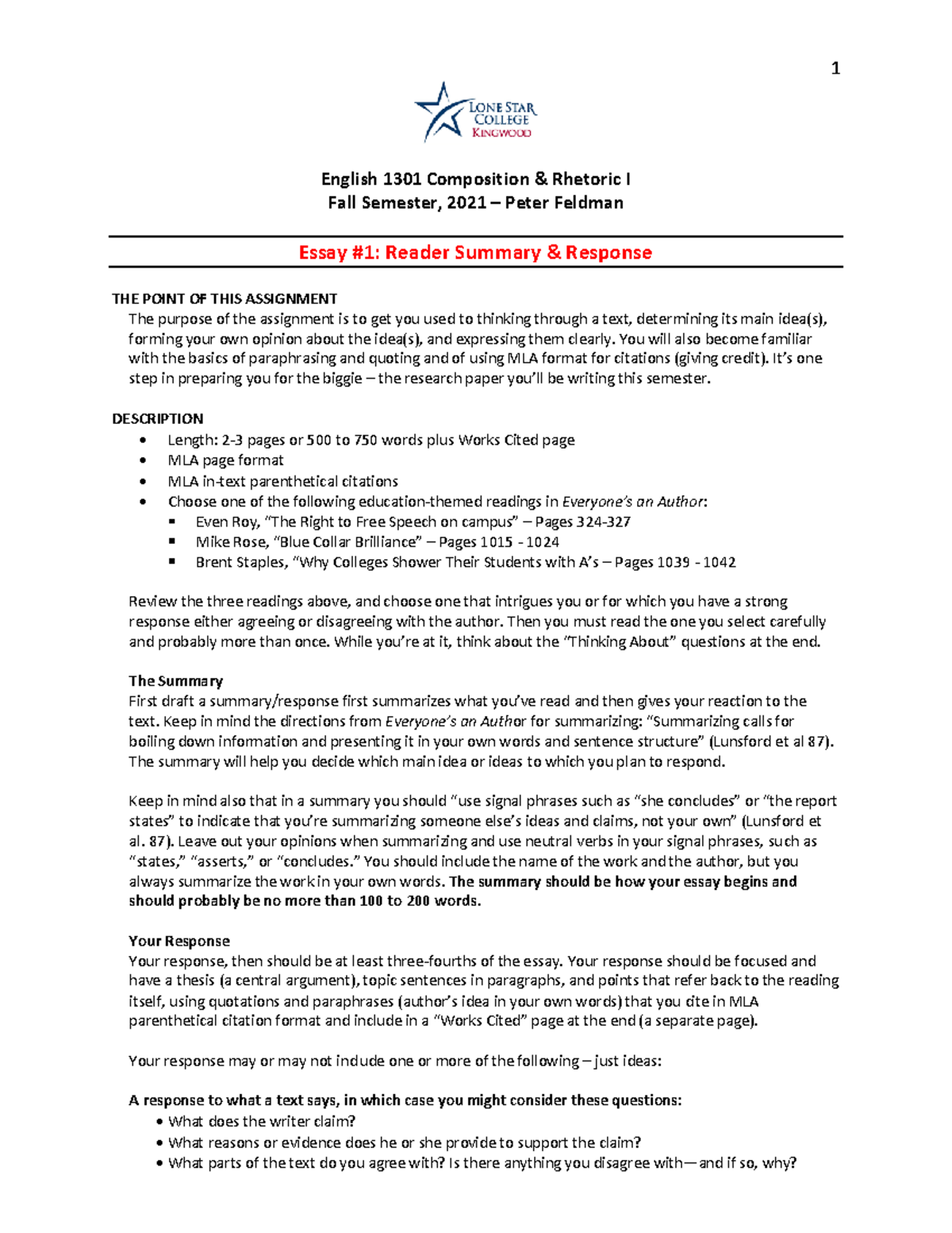 Assignment Sheet - Essay 1 - Reader Response - 1 English 1301 ...